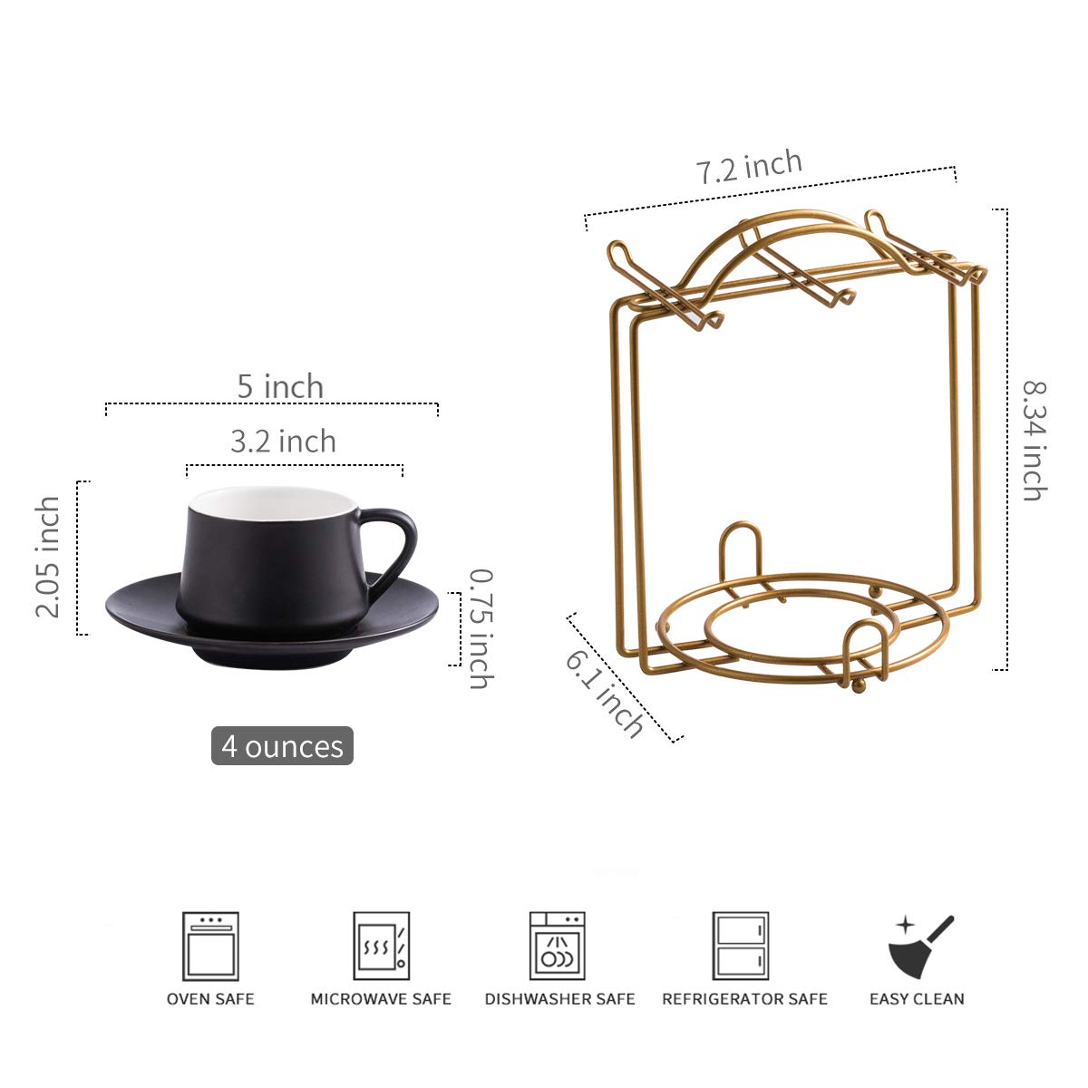 YHOSSEUN Espresso Cups with Saucers Set with Cup Holder 4 oz Cappuccino Cups Set of 6 Porcelain Espresso Cups Set and Metal Stand 3 OZ Demitasse Cup