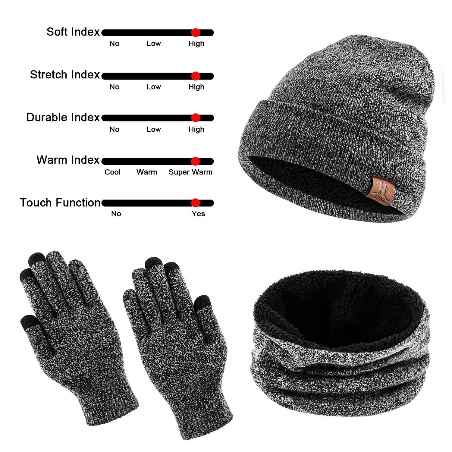 TAGVO Winter Beanie Hat Scarf Touch Screen Gloves 3 Pieces Warm Thick Knit Set for Men Women