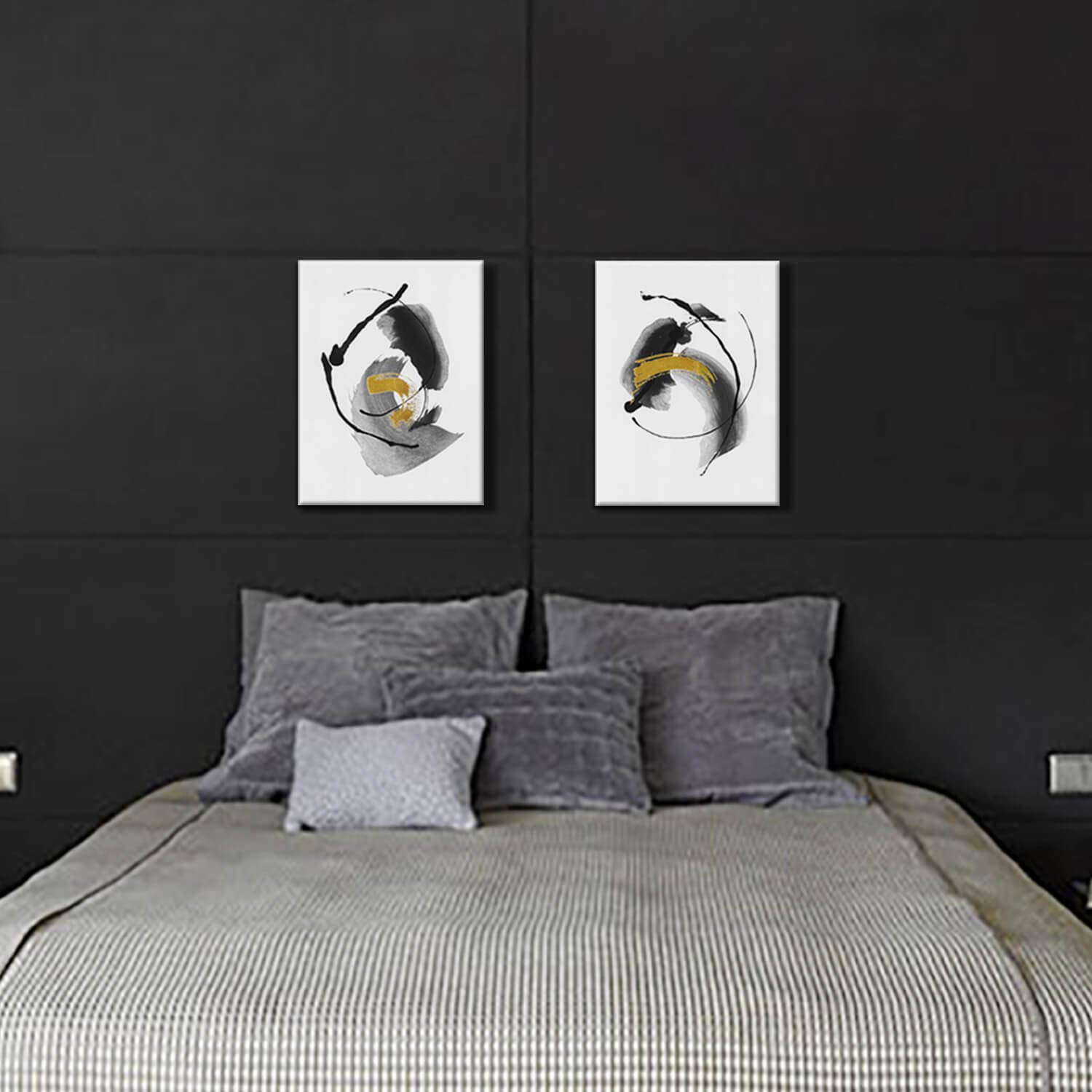 TAR TAR STUDIO Abstract Modern Painting Wall Art: Black and White Artwork Minimalist Picture for Bedroom (18''W x 24''H x 2 PCS, Multiple Sizes)