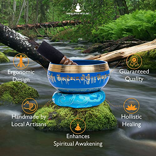 Tibetan Singing Bowls Set 4.2 inch (Blue Throat Chakra) ~ Special portable design suitable for Yoga, Meditation, Sound Healing & Chakra balancing~ (Blue)