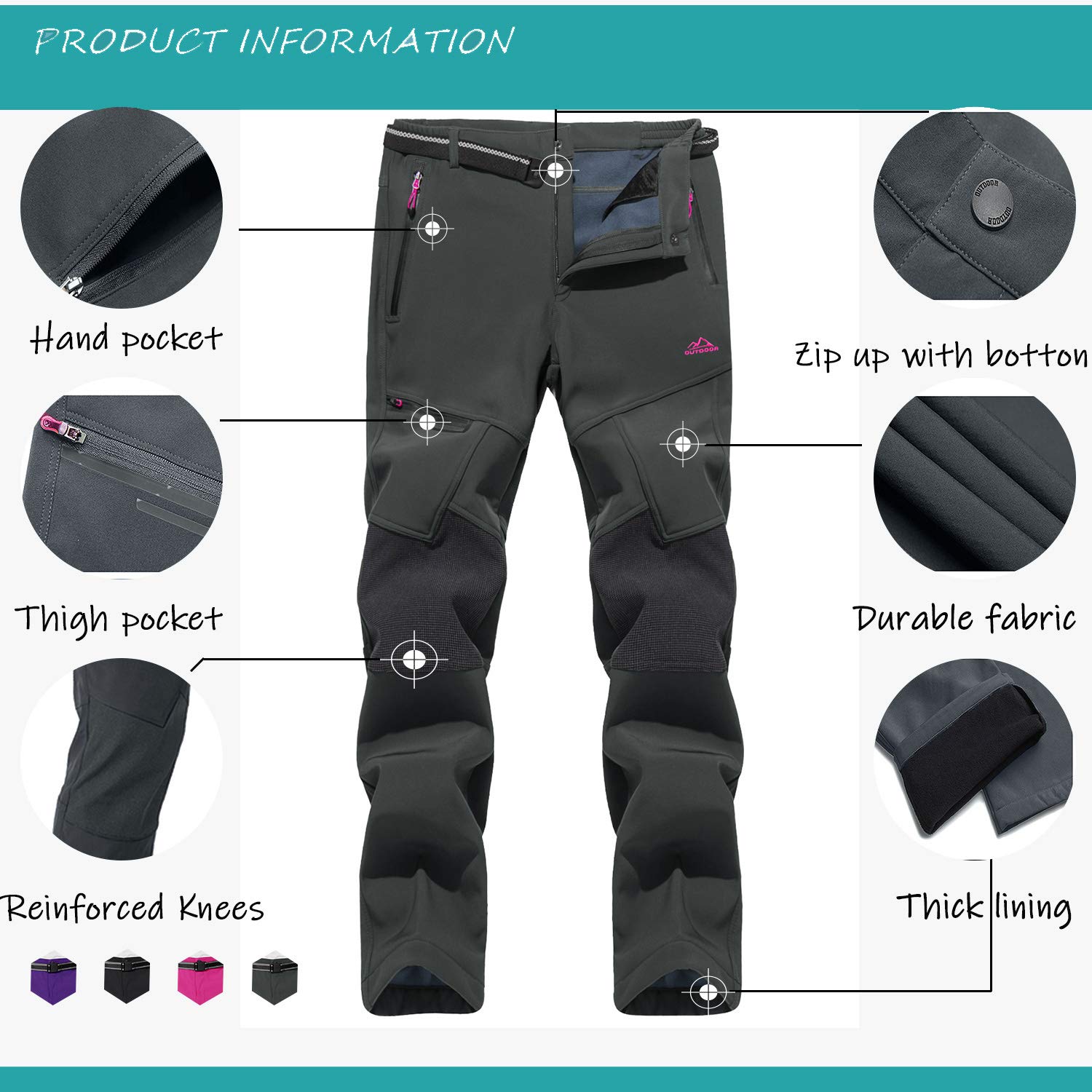 TACVASEN Women's Thick Pants Hiking Snowboard Snow Pants Reinforced Knees, Purple, 36