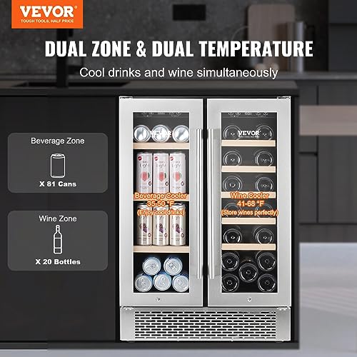 VEVOR Cooler Dual-Zone Beverage Refrigerator Built-in or Freestanding Wine Fridge & Blue LED Light, Tempered Glass Doors, Child Lock for Drink Soda, 81 Cans and 20 Bottles, Black, Silver