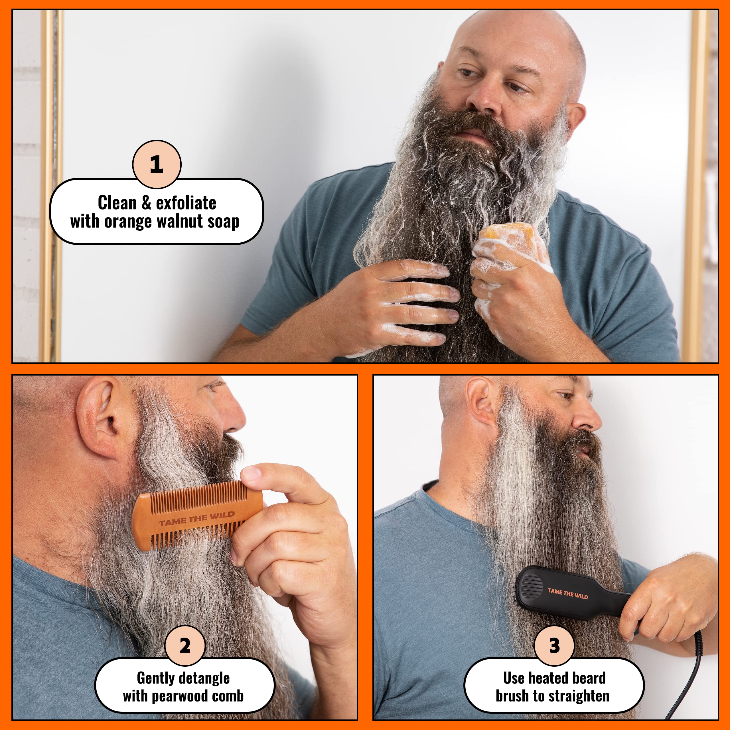Tame The Wild Pro Beard Straightener for Men Kit - Beard Grooming Kit - Includes Portable Heated Beard Brush, Beard Soap, Pearwood Comb, & Storage Case
