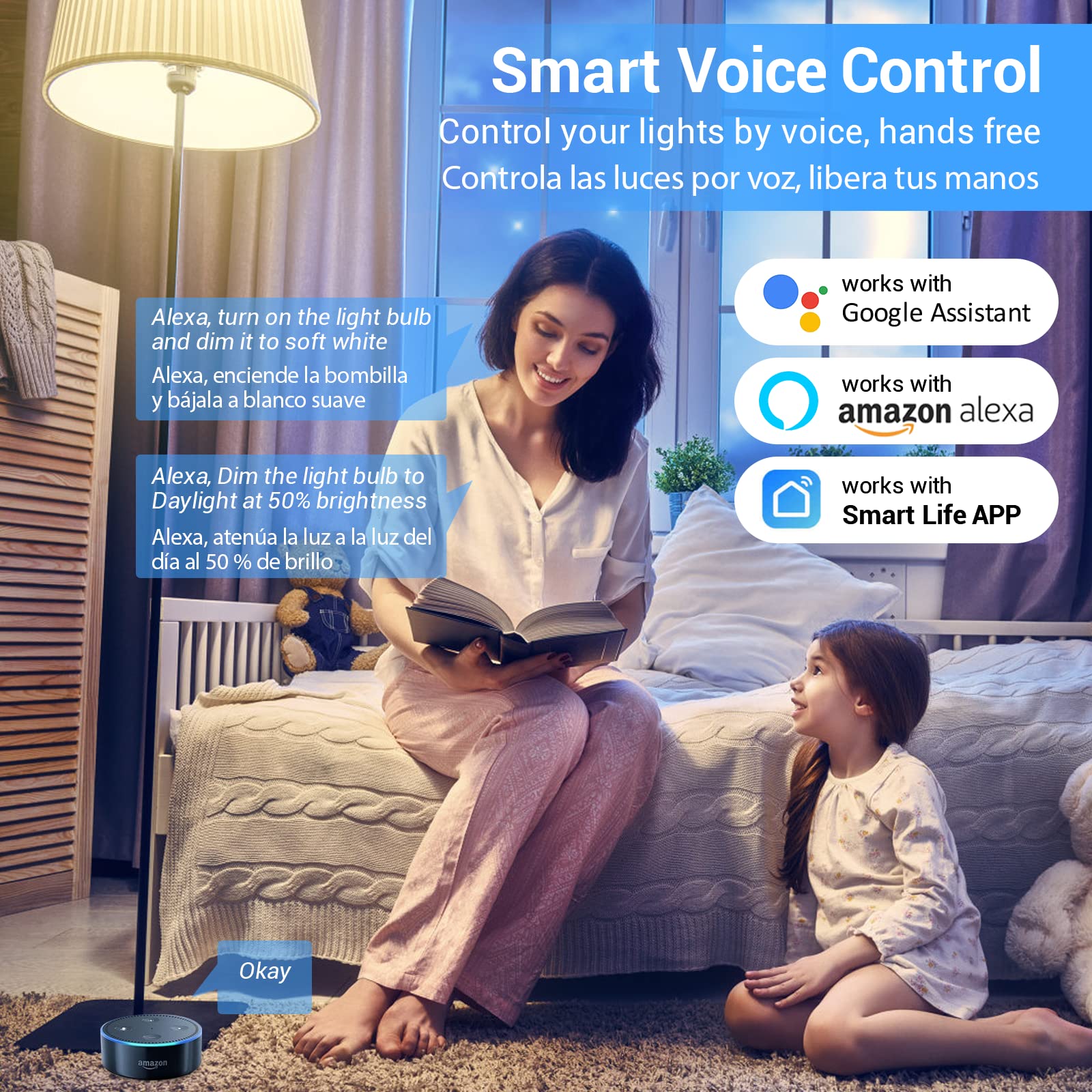 Torkase Smart Light Bulbs Work with Alexa and Google Home -No Hub Required, WiFi LED Bulb 2700K Warm White to 6500K Daylight Dimmable, 10W WiFi Light Bulb, APP Remote Control, 2.4Ghz Only, 4 Pack