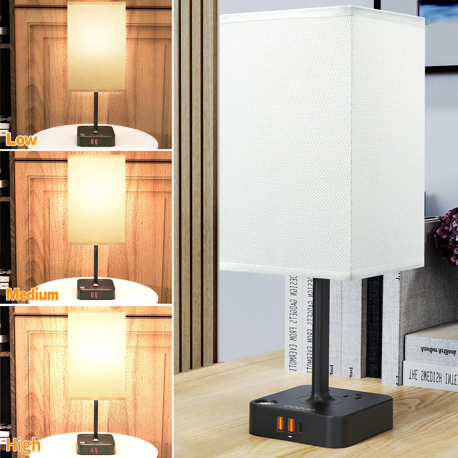 Table Lamp Dimmable cozoo USB Bedside Table Desk Lamp with 3 USB Charging Port(A+C) 2 Outlet,Nightstand Lamp with Charger Base White Fabric Shade,LED Touch Lamp for Bedroom/LivingRoom/Dorm/Home Office