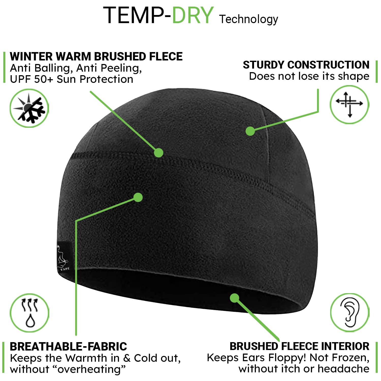 Temple Tape Tactical Fleece Watch Cap Beanie β Skull Cap Fleece Hat - 2 Pack Black/Black - One Size (Fits Most Heads)