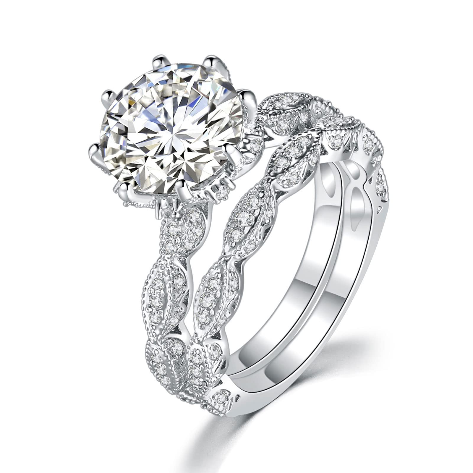 ZENBOTUNG 4CT 18K White Gold Wedding Band Bridal Rings Sets AAAAA Cz Solitaire Engagement Rings for Women Size 5
