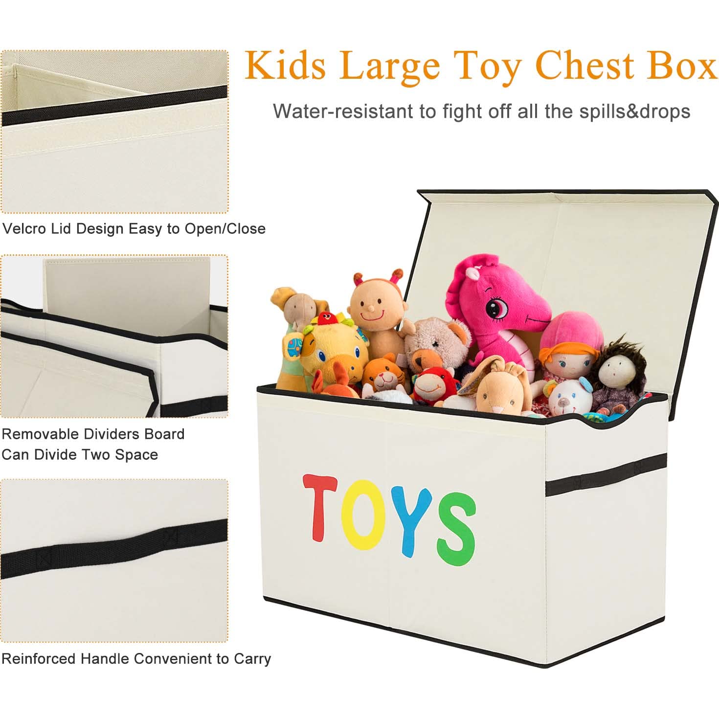 VICTOR'S Kids Toy Box Chest - 2 Pack Large Lightweight Collapsible Toy Storage Organizer Boxes Bins Baskets Black + Beige, 26.8in x 13.8in x 16in