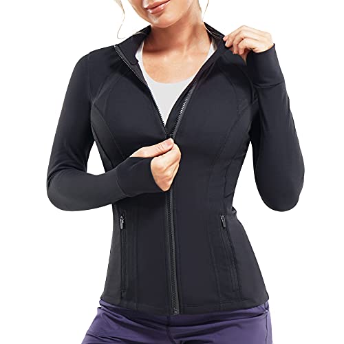 TrainingGirl Women's Sports Jacket Full Zip Workout Running Jacket Slim Fit Long Sleeve Yoga Track Jacket with Thumb Holes (Black, XX-Large, xx_l)