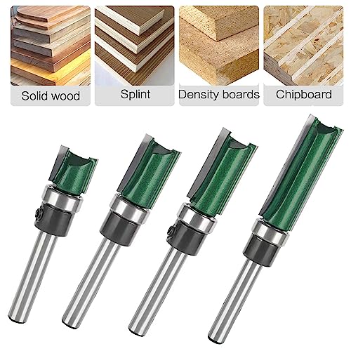 TOTOWOOD Top Bearing Flush Trim Router Bit , 4 Pcs Pattern Flush Trim Router Bit Set,1/4 Inch Shank,Cutting Height in 15/32”, 3/4”, 1”, 1-1/2”,Flush Trim Cut Router Bits (Pattern Flush Trim)