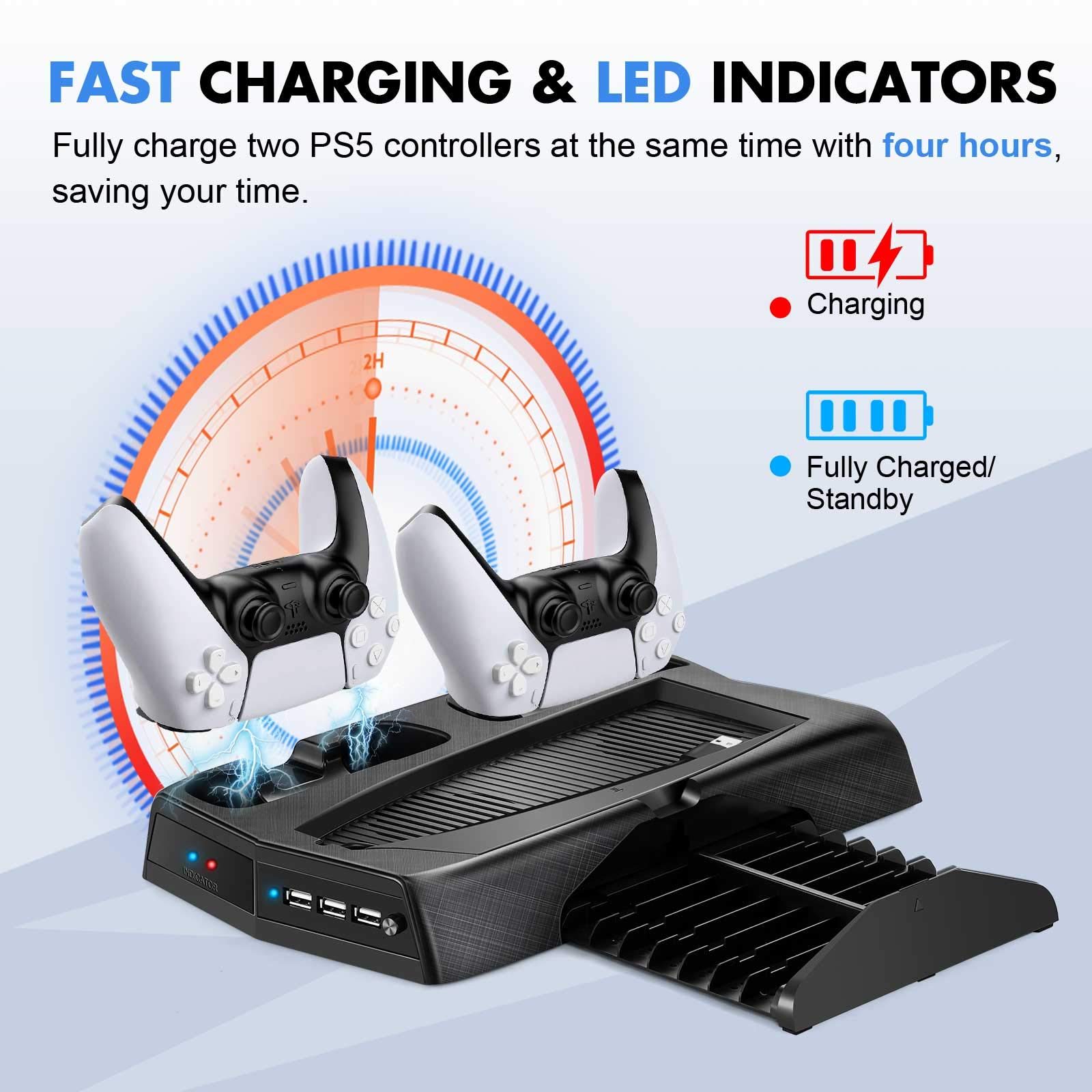 UeeVii PS5 Vertical Stand with Cooling Fan Dual Charging Station Dock for Playstation 5 Digital Edition and DualSense 14 Retractable Game Storage 3 USB Ports