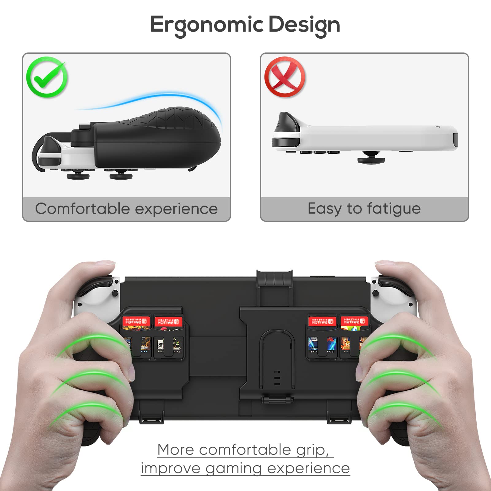 Universal Handheld Grip Case for Switch OLED, YUANHOT 3-in-1 Upgraded Ergonomic Grip Handle Holder with Adjustable Stand and Game Slots Compatible with Switch, Switch OLED & Lite Console - Black