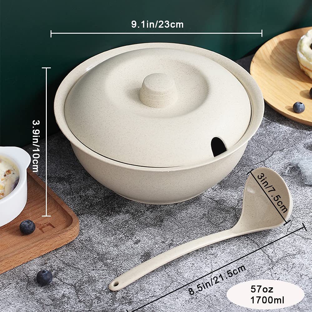 Unbreakable and Lightweight Soup Bowl with Lid and Spoon, 60Oz/1800ml Noodle Bowl Rice Bowl Cereal Bowl Dinner Bowl, Dishwasher Safe (Beige)