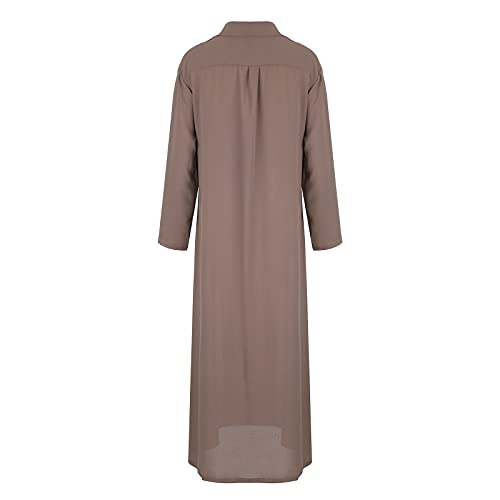 Women Maxi Dress Cotton Linen Loose Button Down Shirt Dress Turn-Down Neck Pockets Solid Color Long Dress