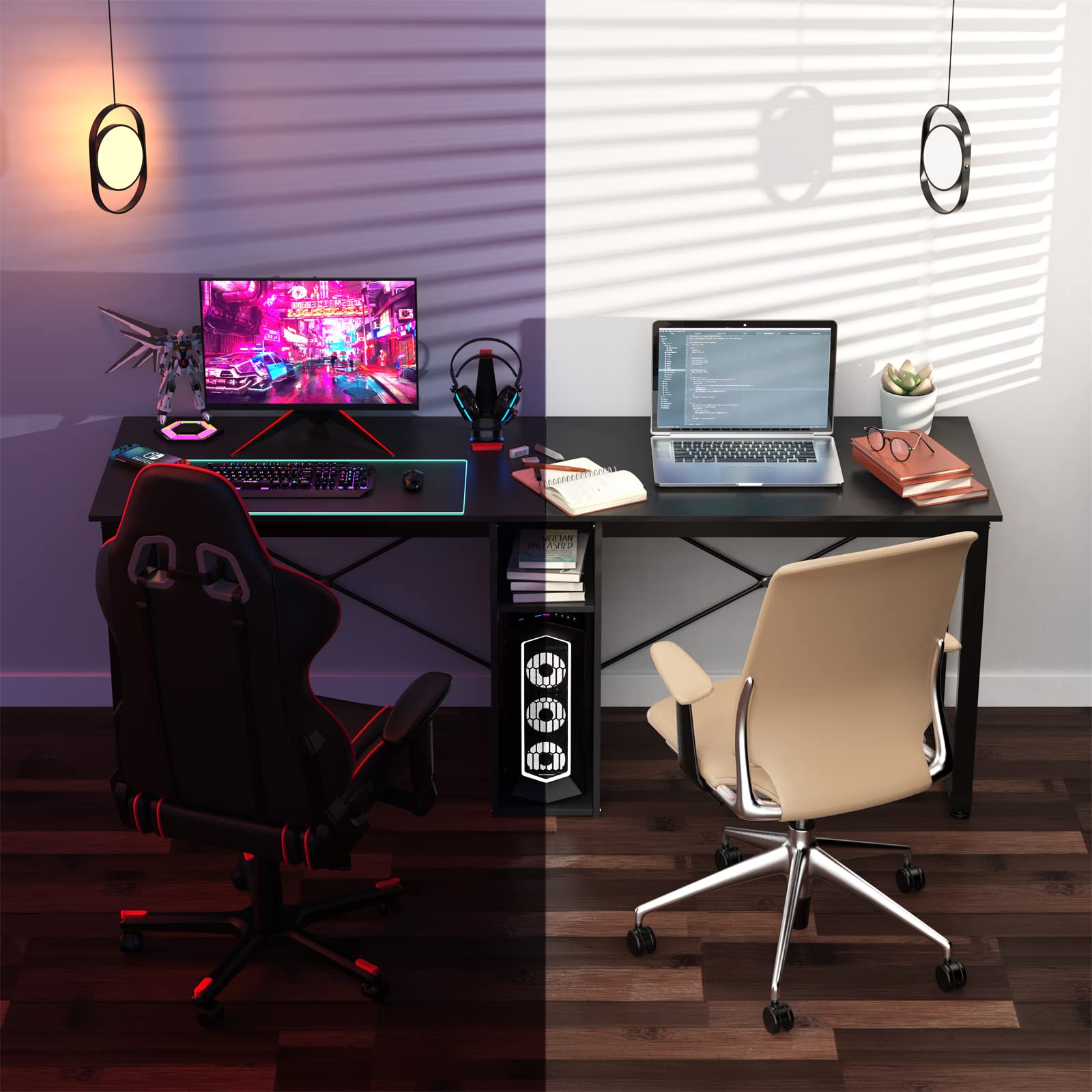 SogesGame Two Person Desk, 78 inches Double Computer Desk Extra Large Size Workstation Writing Table with Storage Shelves Home Office Desk Home Office,Writing Desk and Computer Desk,Black