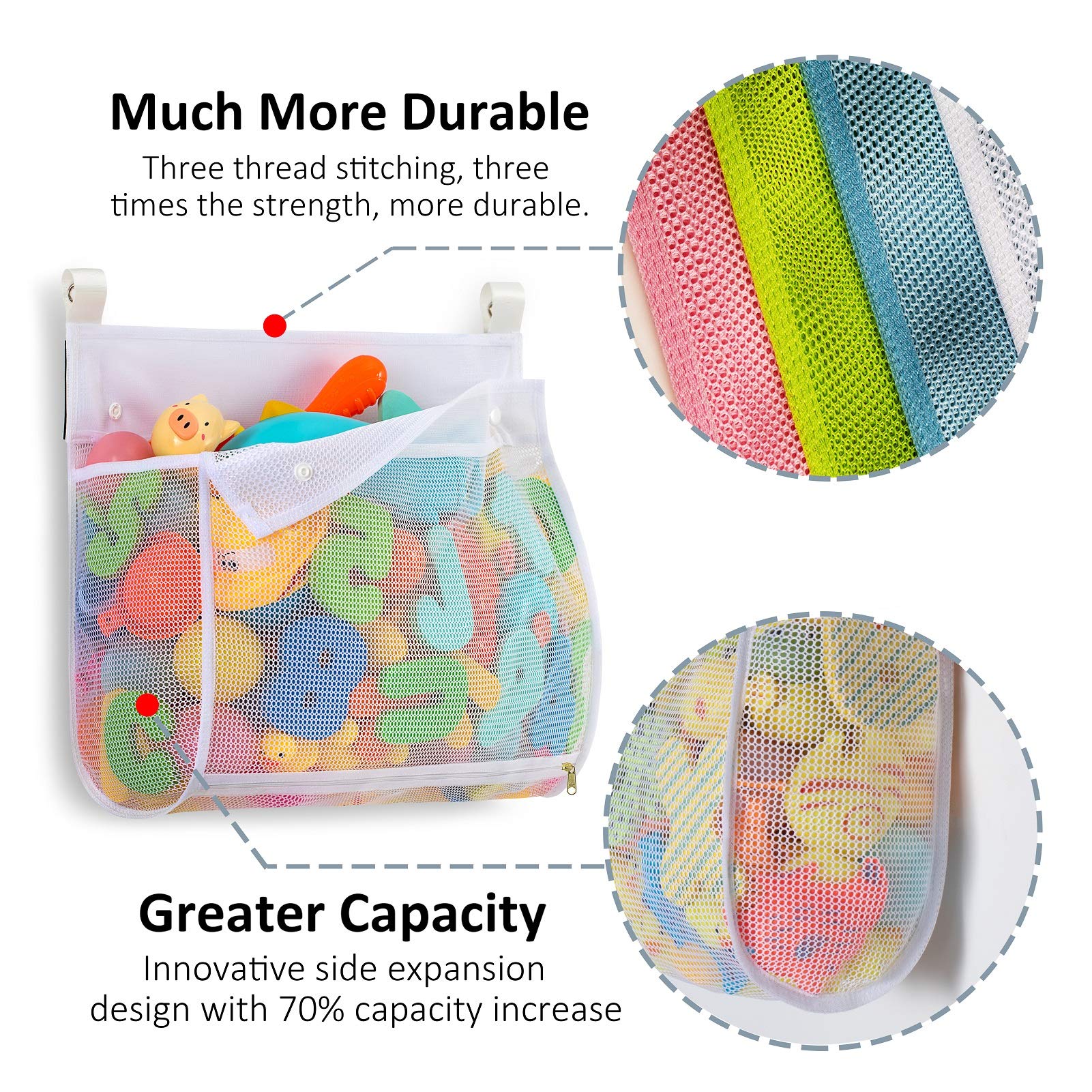 Tenrai Clever Zippered Mesh Bath Toy Organizer, Multiple Ways to Hang, Extra Large Opening Bathroom Toy Holder, Large Capacity Multi Use Bathtub Toy Storage Bag,(1 Small, White)
