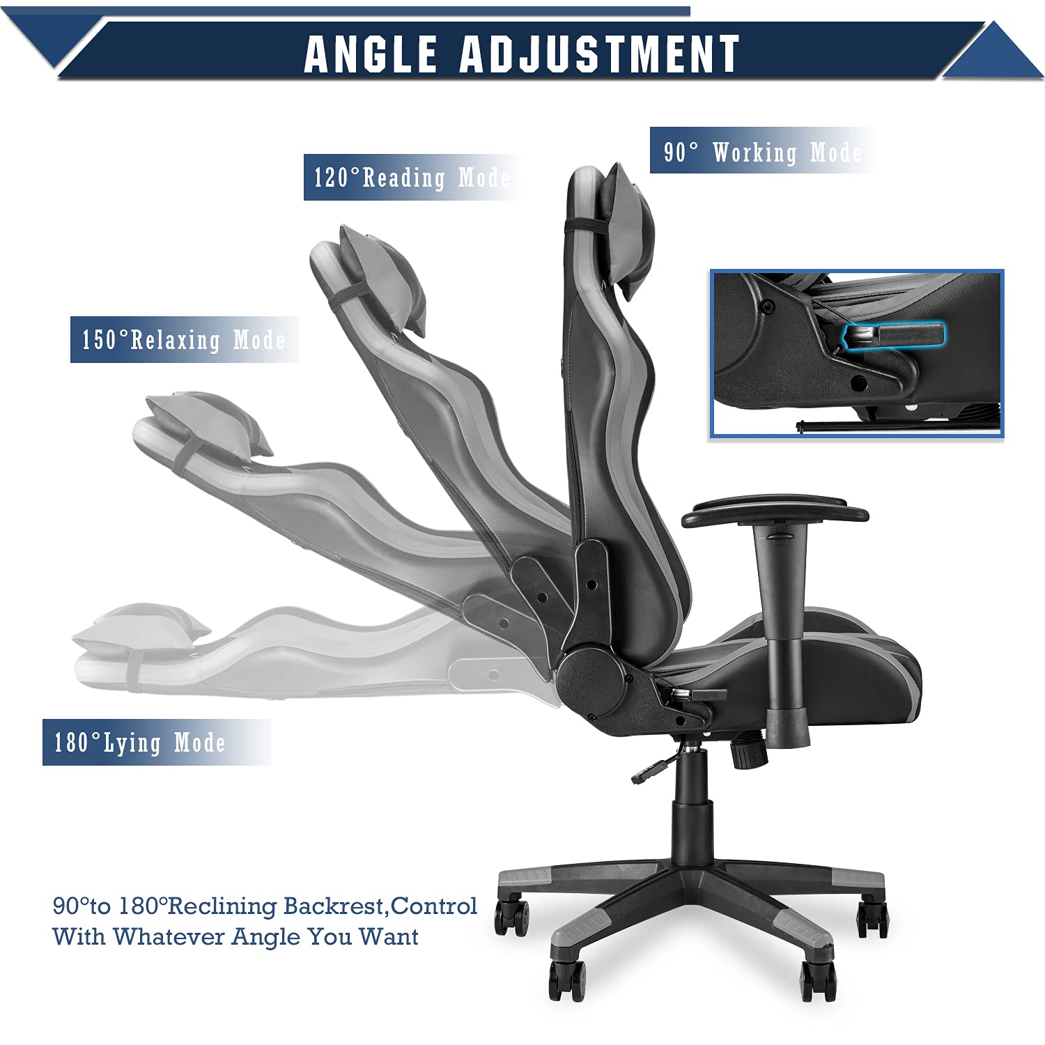 Soontrans Reclining Home Office Chair,Ergonomic Computer Chair,Executive Swivel Task Chair,Racing Gaming Chair with Adjustable Recliner Armrest Headrest and Lumbar Pillow Support (Gray)