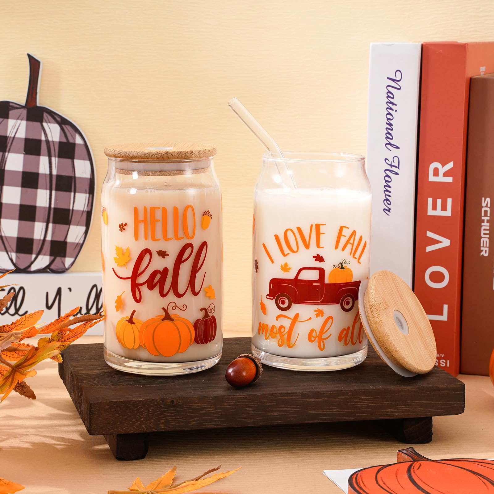 Whaline Hello Fall Drinking Glasses 16oz Fall Harvest Glass Cup Pumpkin Car Iced Coffee Cup with Bamboo Lid Glass Straw Cleaning Brush Gift for Autumn Thanksgiving Cocktail Whiskey Beer Soda, 2Pcs