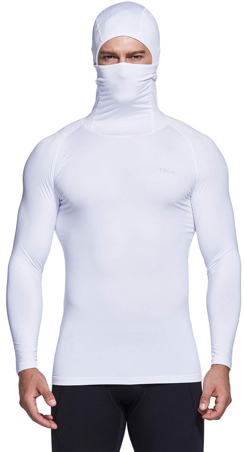 TSLA Men's Thermal Compression Shirts Hoodie with Mask, Long Sleeve Winter Sports Base Layer Top, Active Running Shirt, Heatlock Hoodie White, Medium