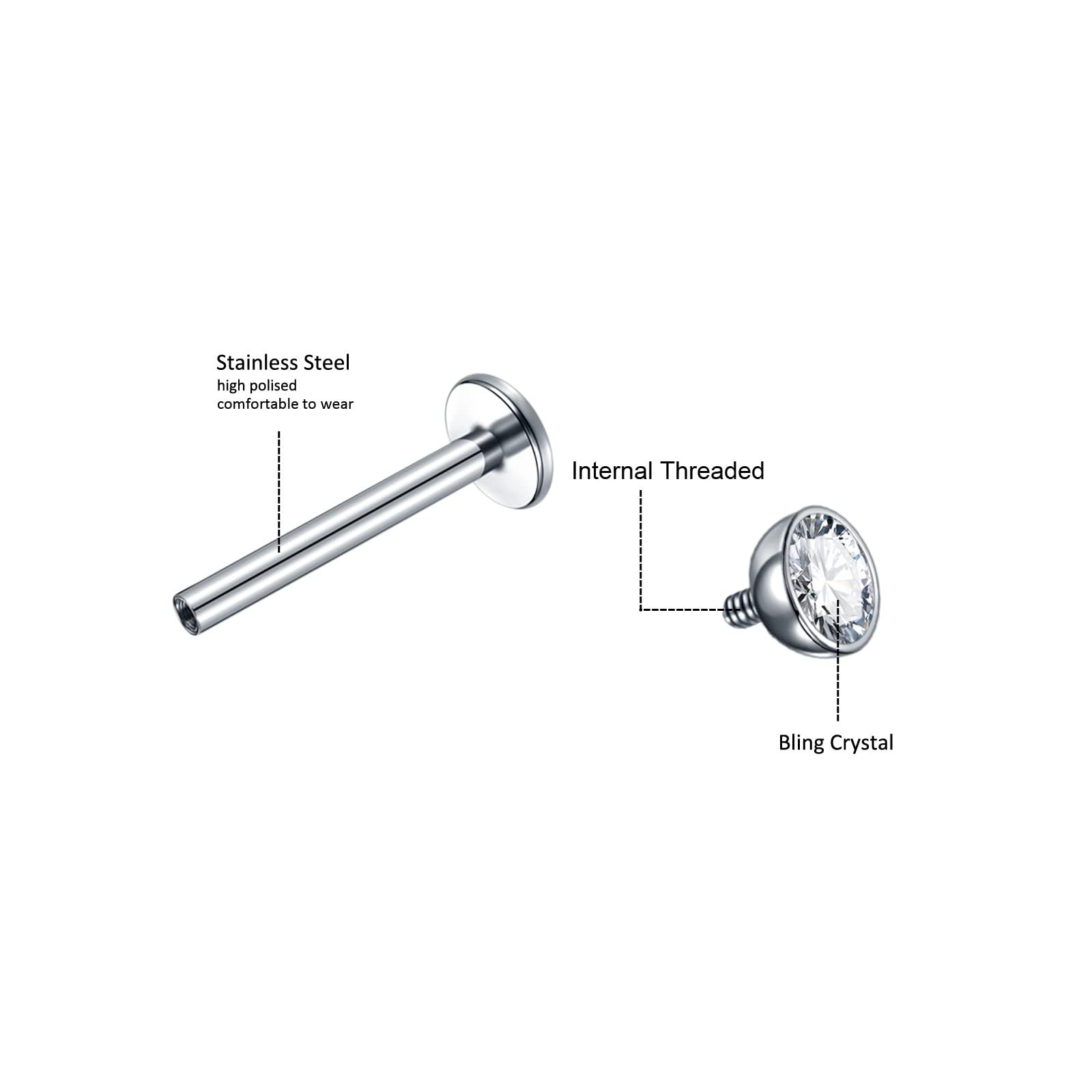 Xpircn 16G Labret Monroe Lip Rings Stainless Steel CZ Crystal Lip Ring Studs Ear Tragus Helix Cartilage Conch Piercing 6mm 8mm 10mm (Crystal Top 1.2 * 10)