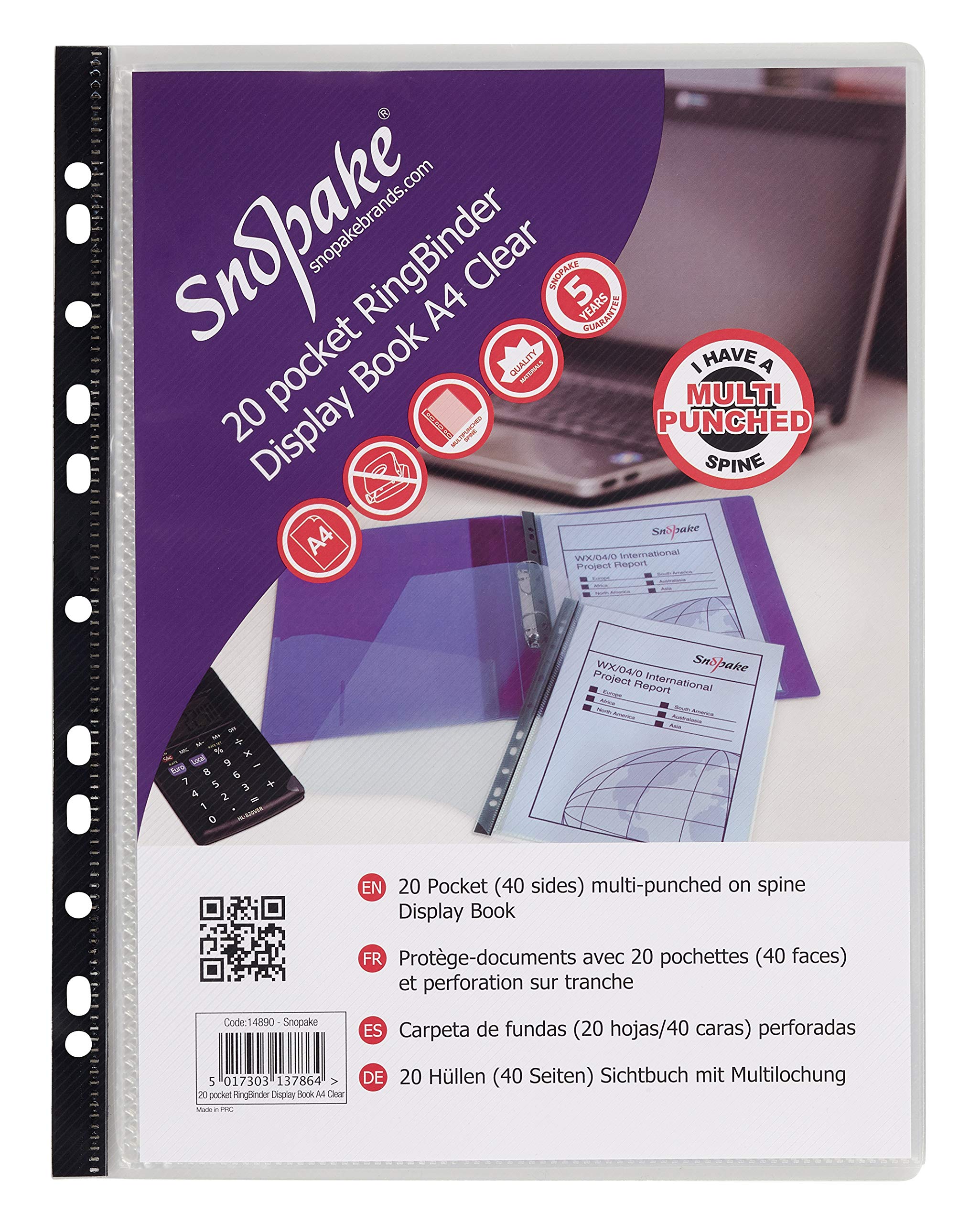Snopake A4 20 Pocket Clear RingBinder Display Book [Pack of 5] with Multi-Punched Reinforced Spine [14890]