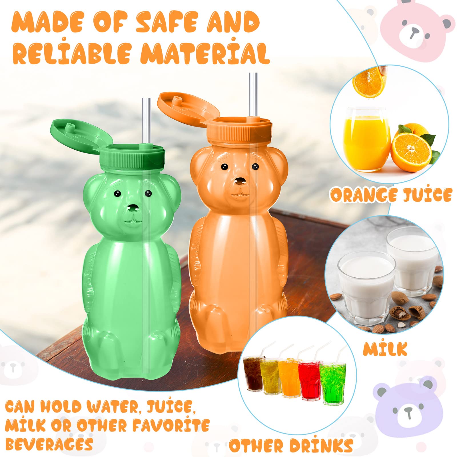 Zubebe 12 Pack Honey Bear Straw Cups Bulk with 24 Flexible Straws and Cleaning Tools, 8 Oz Therapy Sippy Bottles for Speech and Feeding Training Daily Drinking Supplies (Green, Orange, Blue)