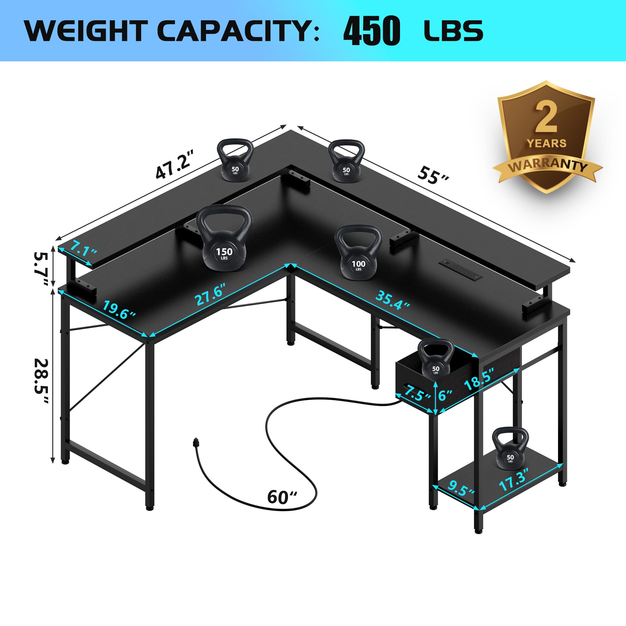 RAGIFEN L Shaped Desk with Power Outlets & LED Strips, L Shaped Computer Desk with Drawers, Gaming Computer Desk with Monitor Stands Home Office Desk with CPU Stand, Easy to Assemble, Black