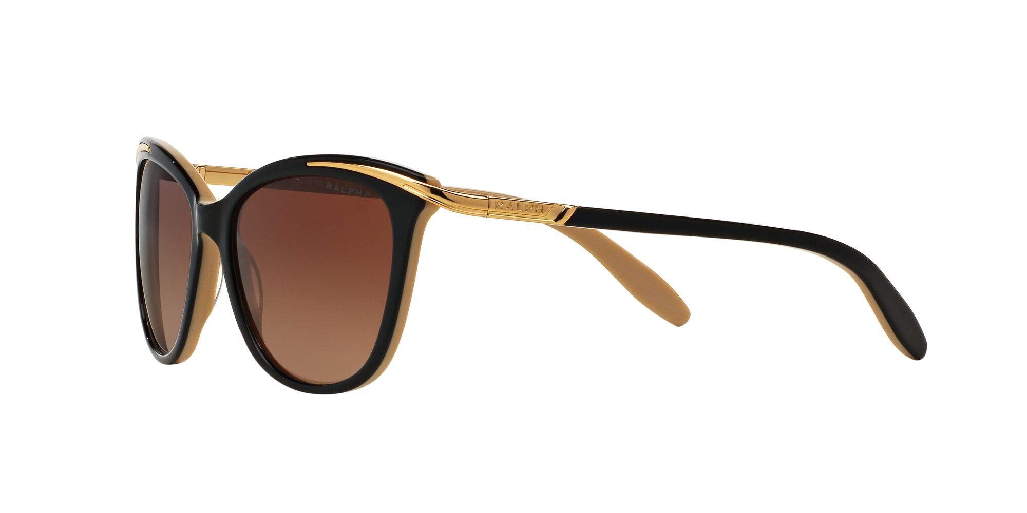 Ralph by Ralph Lauren Women's RA5203 Cat Eye Sunglasses, Shiny Black On Nude & Gold/Polarized Gradient Brown, 54 mm