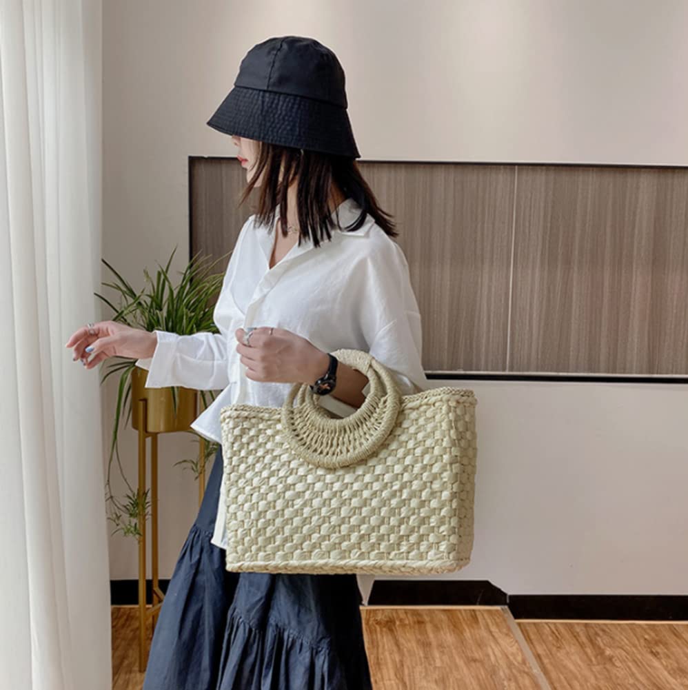 Women Straw Handbag, Large Capacity Woven Handmade Round Handle Hobo Bag, Casual Retro Vacation Beach Bag