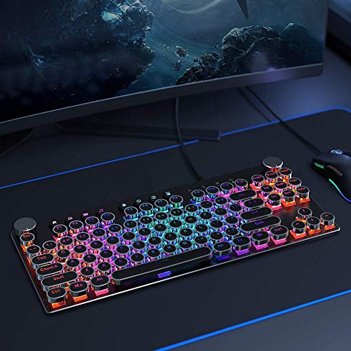 STOGA Mechanical Keyboard, 87 Keys Brown Switch RGB Keyboard with Media Control Knobs, Retro Round Keys Gaming Keyboard, Black
