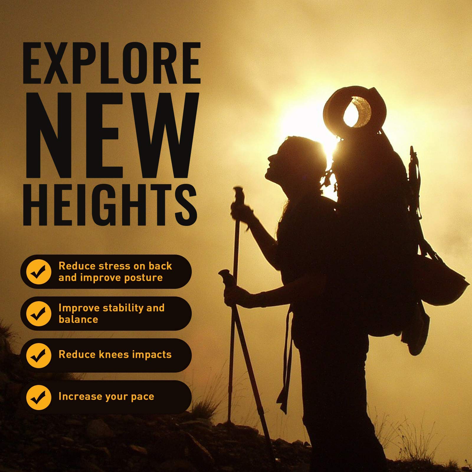 Trekking Poles - 1-pc Pack Adjustable Hiking or Walking Sticks - Strong, Aluminum 7075, Lightweight Collapsible with Quick Lock for Hiking, Trekking, Camping, Mountaining, Backpacking