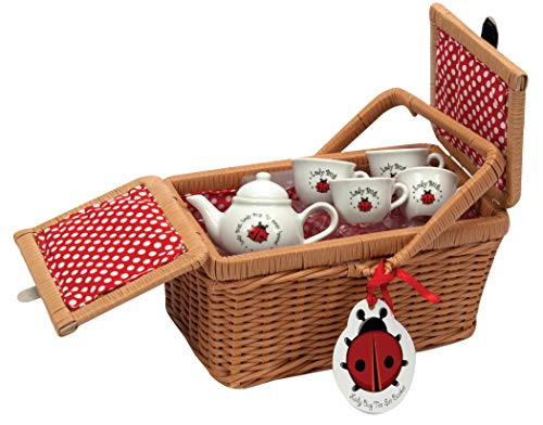 Schylling Ladybug Tea Set Basket - 23 Piece Miniature Porcelain Set with Picnic Basket - Includes Service for Four - Ages 8 and Up