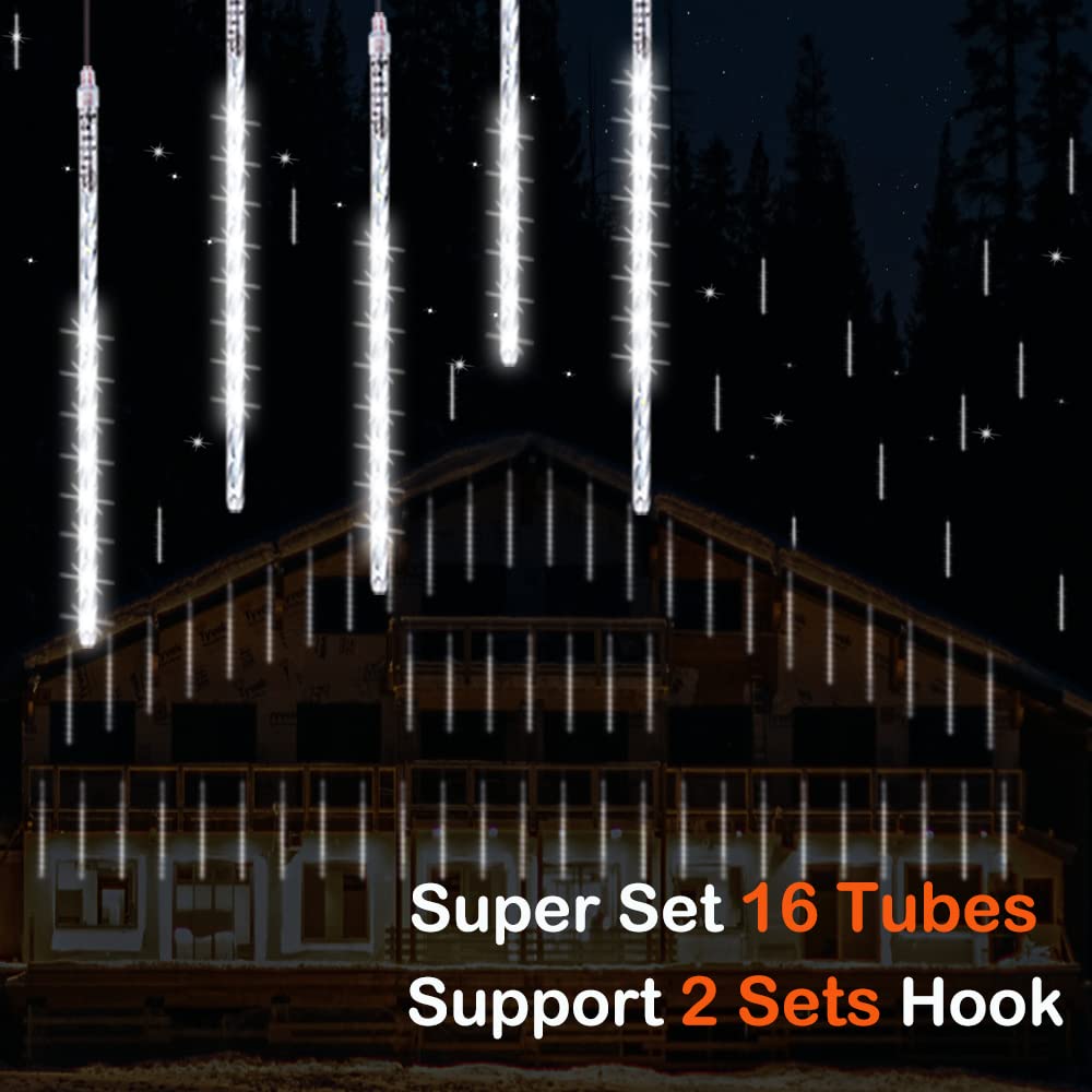 Vikdio Meteor Shower Rain Lights, 50cm 16 Spiral Tubes 864 LEDs 5.25m Lit Length Waterproof Snowfall LED Lights for Wedding Christmas Garden Tree Home Decor, Support 2 Sets Connected (Blue)