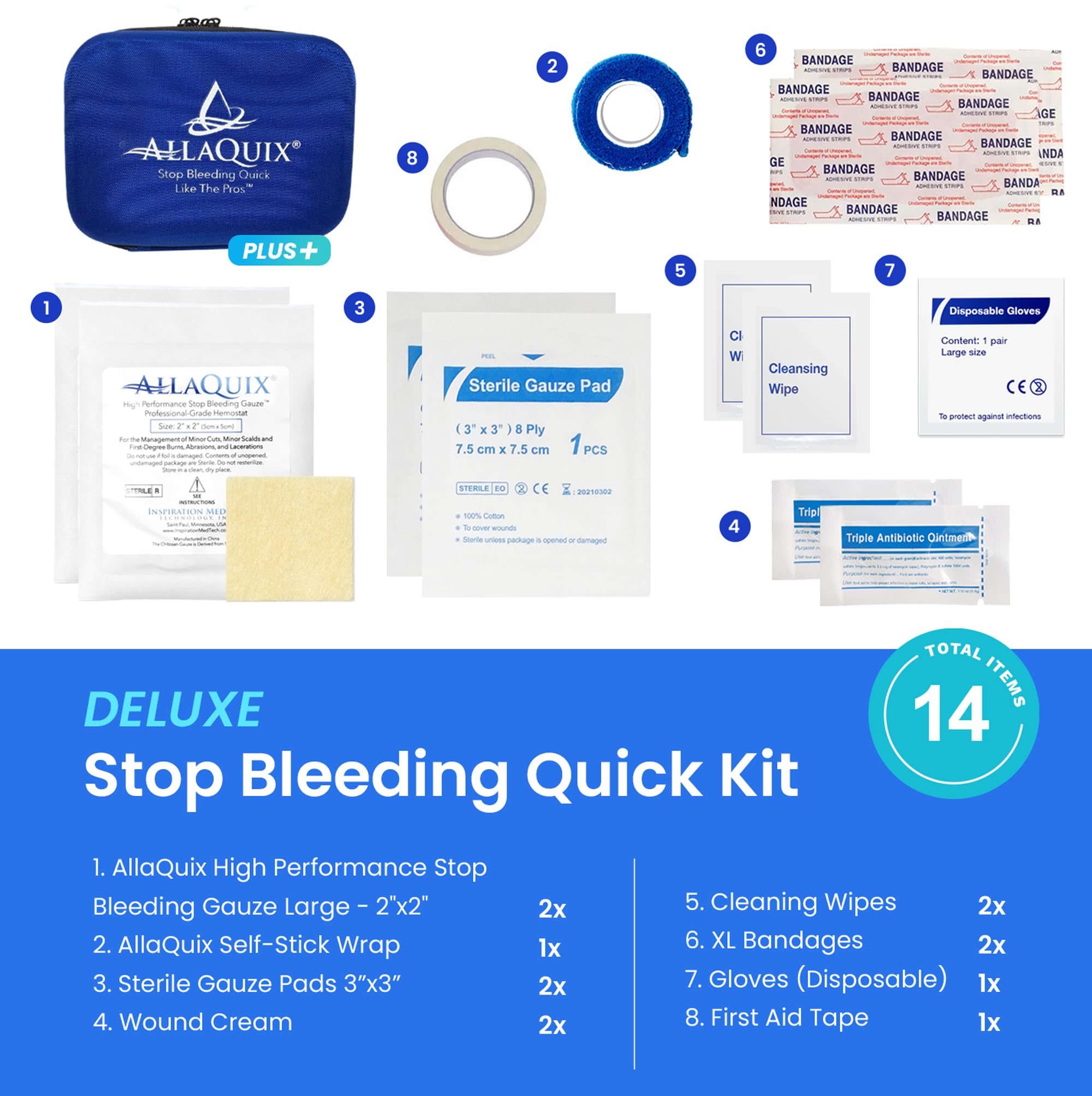 Stop Bleeding Quick Kit - First-aid with AllaQuix Stop Bleeding Gauze (Blood clotting Bandage) (Deluxe)…