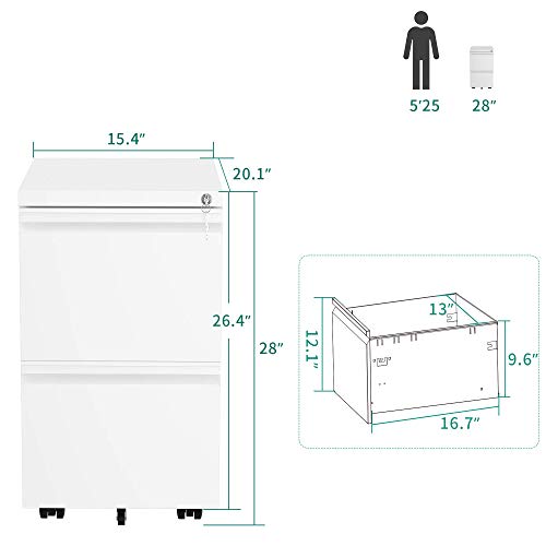 YITAHOME 2-Drawer Vertical File Cabinet with Lock, 20β Deep Mobile Metal Filing Cabinet for Legal/Letter Size, 20β Height Pre-Built Office Storage File Cabinet Except Wheels Under Desk - White
