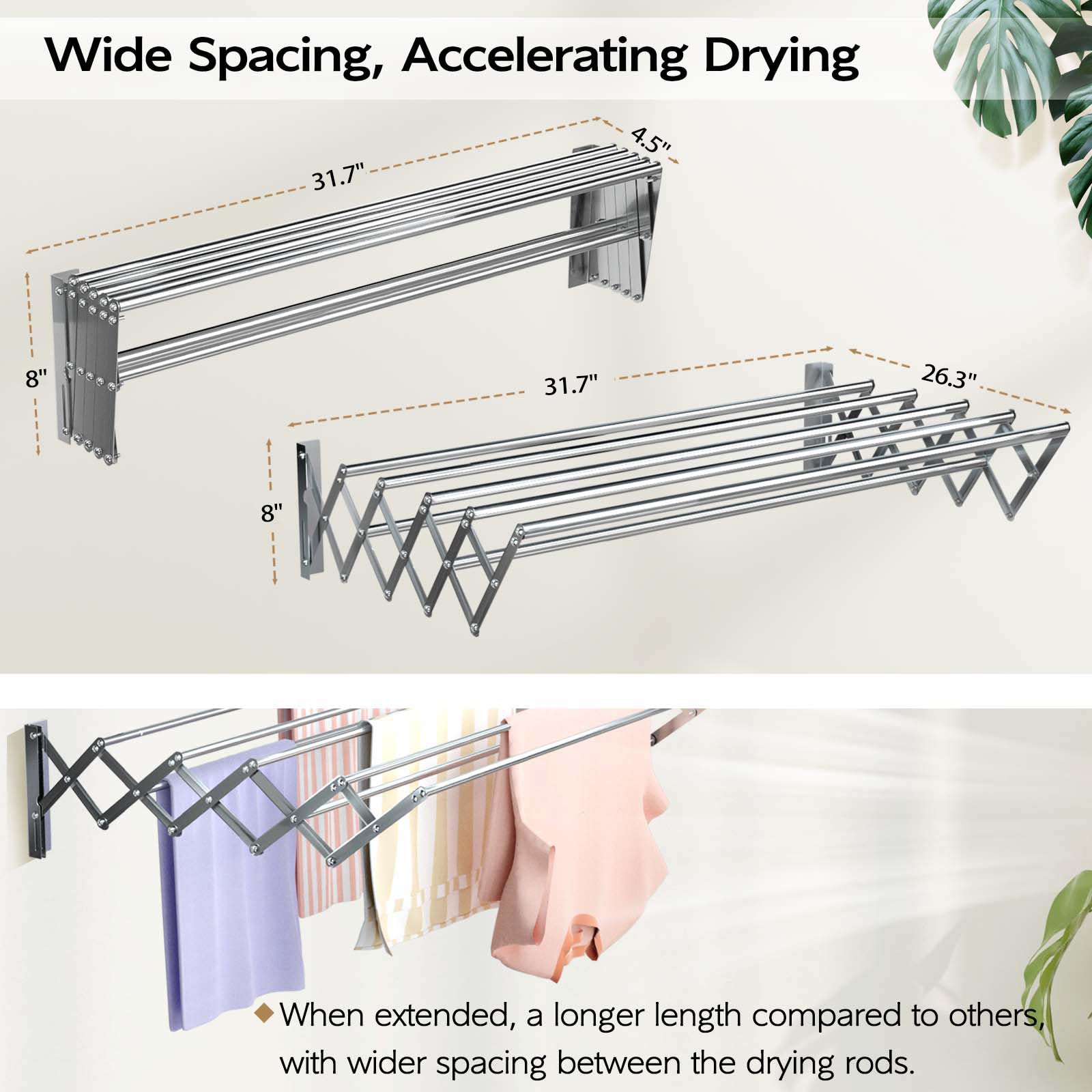 Vikaqi Wall Mounted Clothes Drying Rack, Foldable Wall Mount Laundry Drying Rack Folding Indoor, Drying Rack Clothing Collapsible, Retractable Towel Drying Rack, Space Saver with 7 Drying Rods