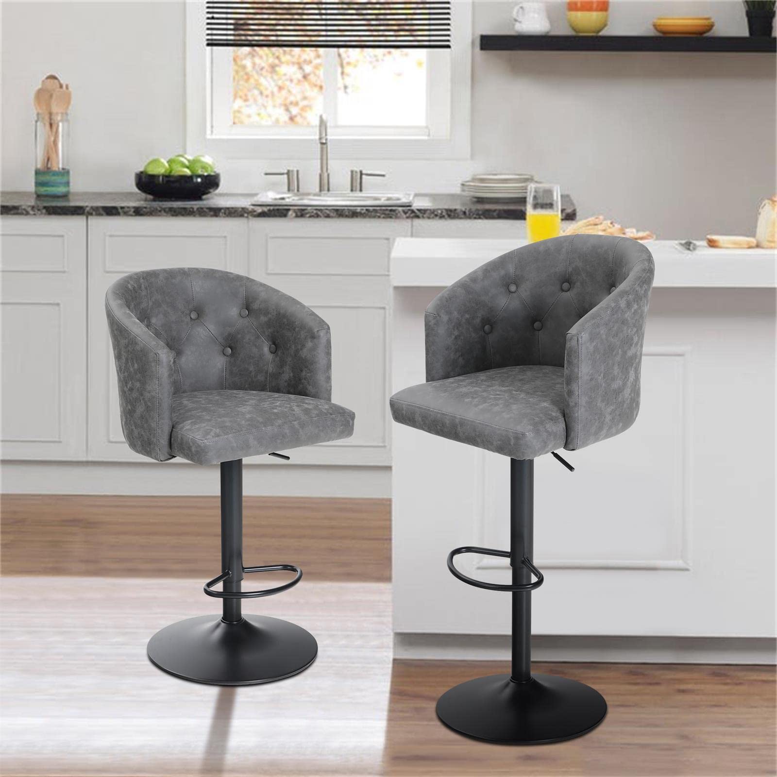 Sophia & William Adjustable Swivel Bar Stool Counter Height Bar Stool for Kitchen Island,Modern PU Leather Bar Stool with Back & Footrest & Airlift Handle, Counter Leather Stool,300lbs,Grey,1PC