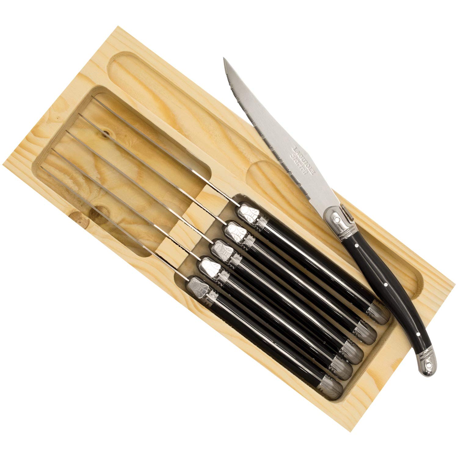 Starfrit 6-Piece European-Style Steak Knife Set with Pinewood Storage Box, Stainess Steel/Black