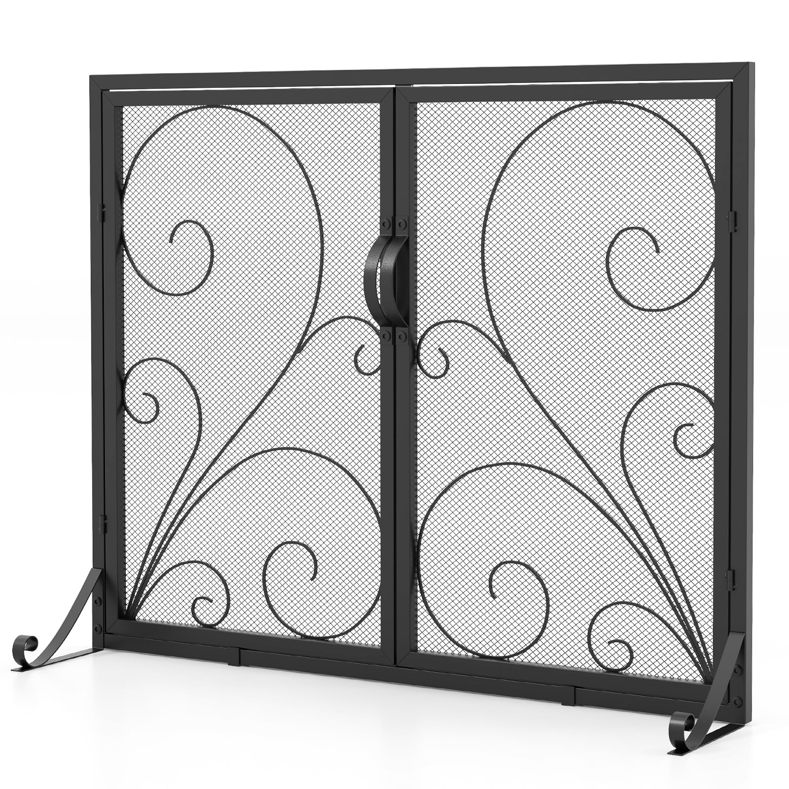Tangkula Fireplace Screen, Firelpace Gate with Hinged Two-Doors, Wrought Iron Mesh, Steel Crest Fireplace Screen with Wrought Iron, Baby Safe Spark Guard Protector