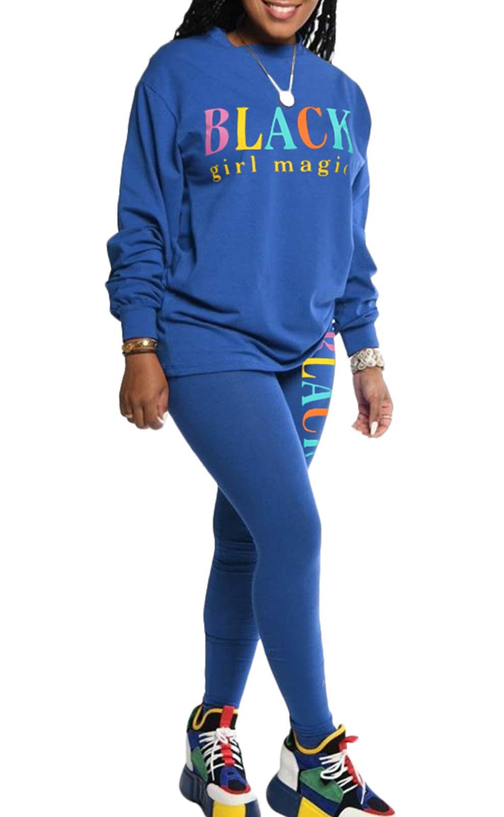 Wuitrie Women's 2 Piece Tracksuit Long Sleeve Pullover Letter print Top and Long Pant Outfits