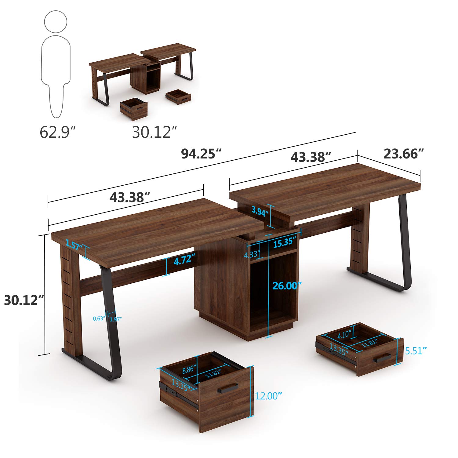 Tribesigns 94.5 inch Two Person Computer Desk, Double Computer Desk with Storage Shelves, Extra Long Workstation Large Office Desk with Two Drawers, Study Desk Writing Table for Home Office