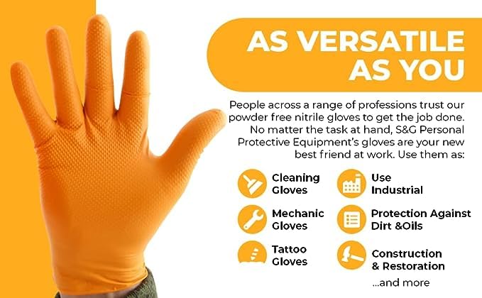 S&G Orange Nitrile Gloves | 100 Pcs | XL | Disposable Latex-Free 8Mil Thick Heavy Duty Powder-Free for Mechanics, Industrial