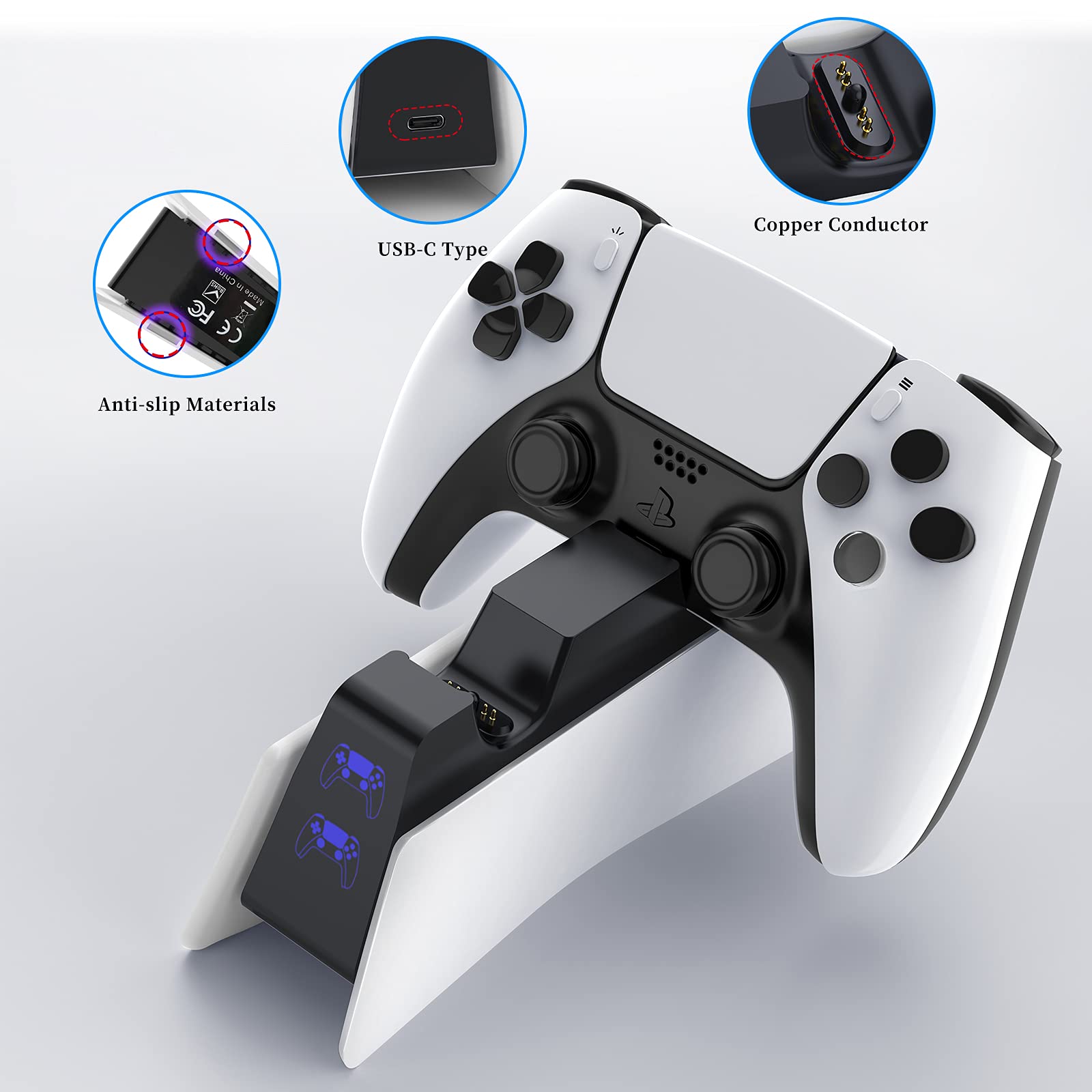 Upgraded PS5 DualSense Charging Station PlayStation 5 Controller Charger with LED Indicator,High Speed, Safety Chip Protection Fast Charging Dock Stand for Sony DualSense Controller, White