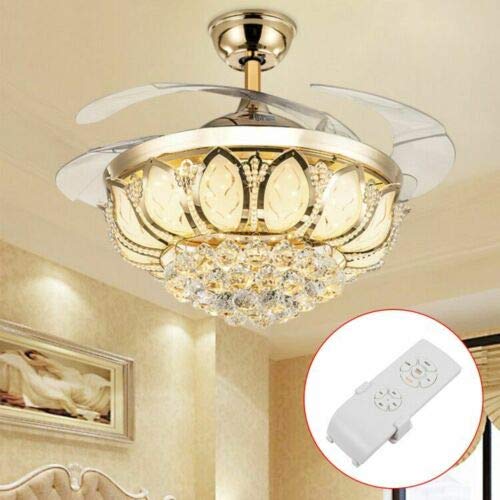US DELIVER Dimmable 42 inch Invisible Ceiling Fans with Lights and Remote Retractable Blades Crystal Chandelier Fan-Chrome (Golden)