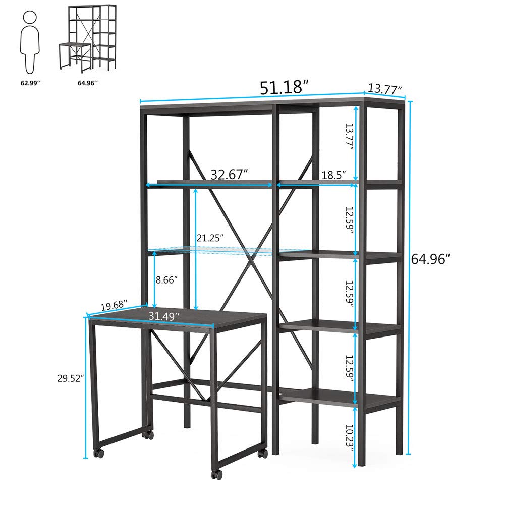 Tribesigns Computer Desk with 5 Storage Shelves and Monitor Stand, Industrial Large Mobile Home Office Desk Study Table Writing Desk Workstation with Hutch and Bookshelf (Black)