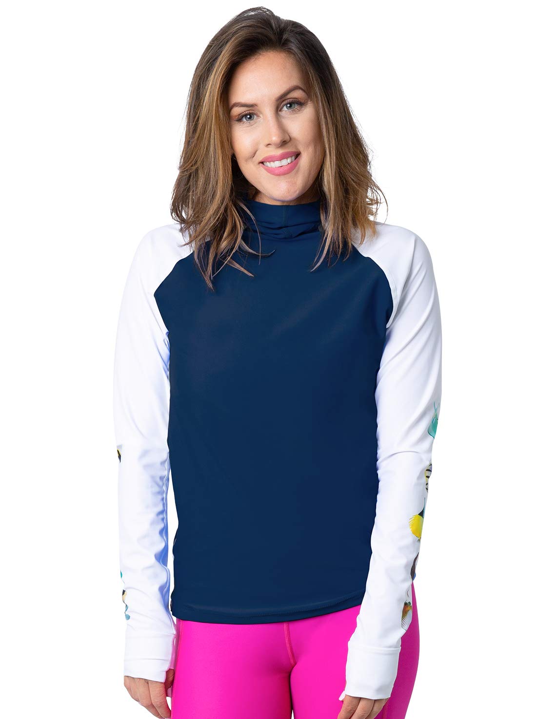 Tuga Women's Snorkel Hooded Top, Hawaii Fish, UPF 50+, USA Made, Navy, Medium