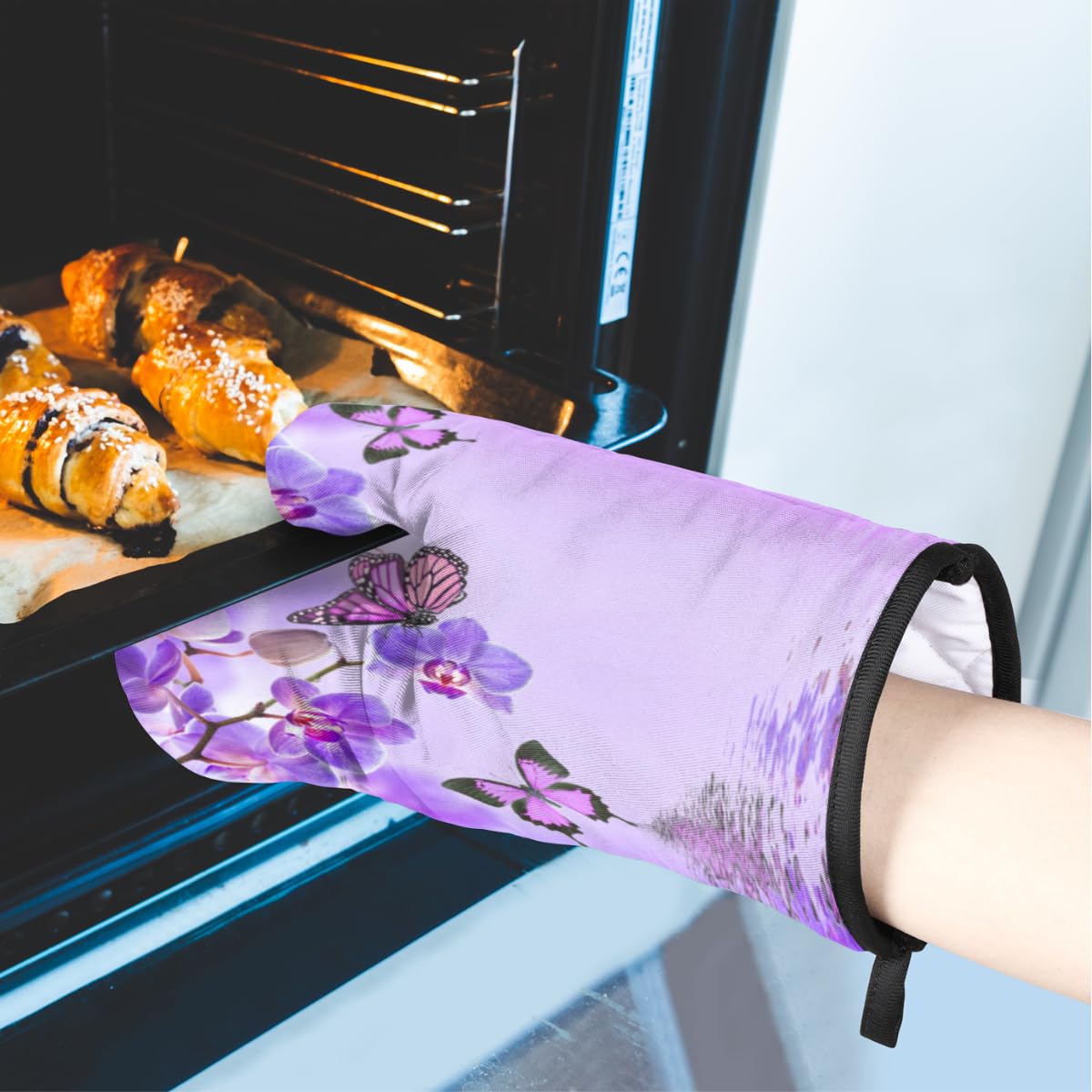 Tropical Flower Butterfly Animal Oven Mitts and Pot Holders Mat Set,Orchid Floral Insulation Heat Resistant Thick Kitchen Cooking Gloves and Pot Pad for Cookware Baking BBQ Grilling Microwave