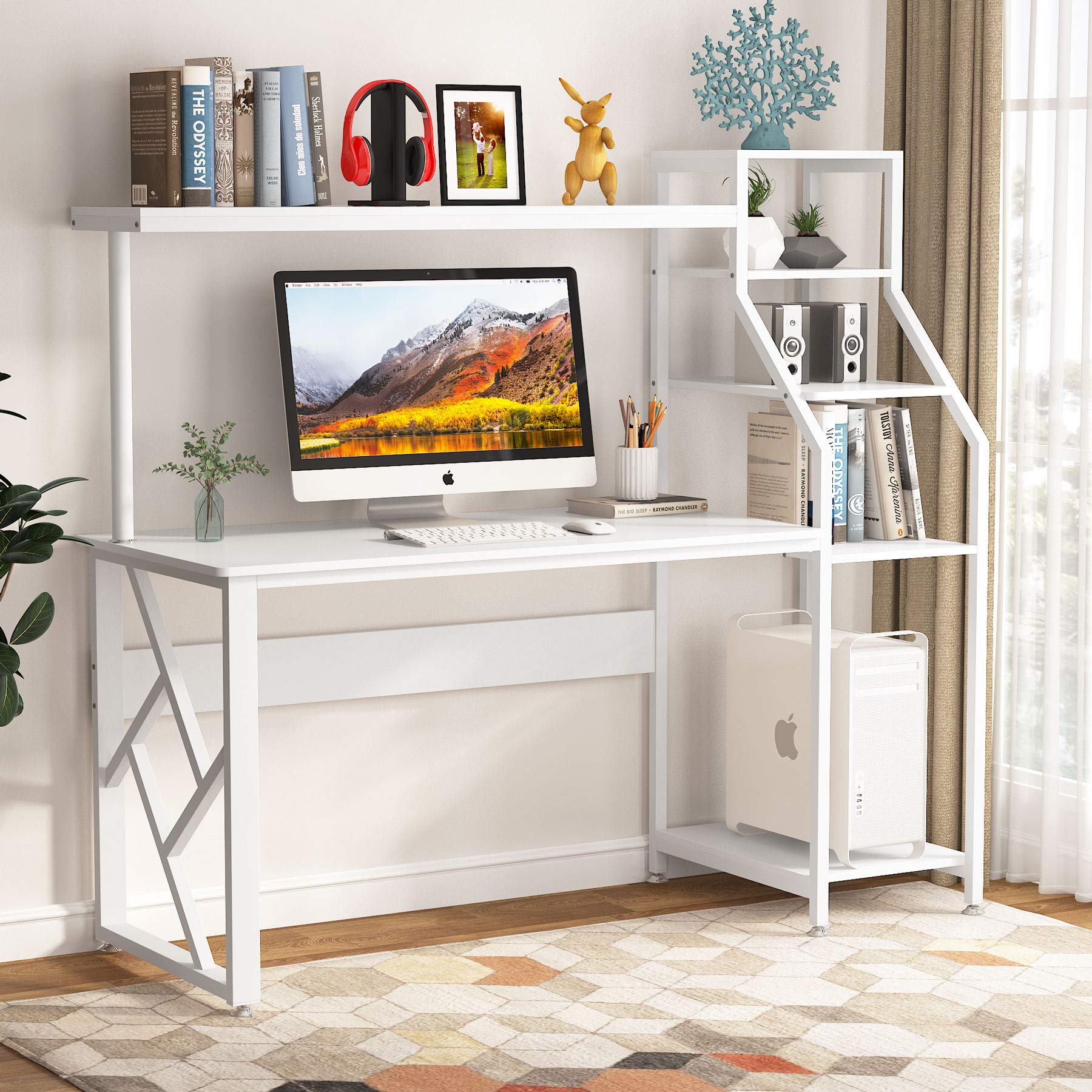 Tribesigns Home Office Computer Desk with Hutch Storage Shelves, 60 inch Large Computer Table Studying Writing Desk with 4-Tier Bookshelf and Tower Storage, Workstation for Space Saving (White)