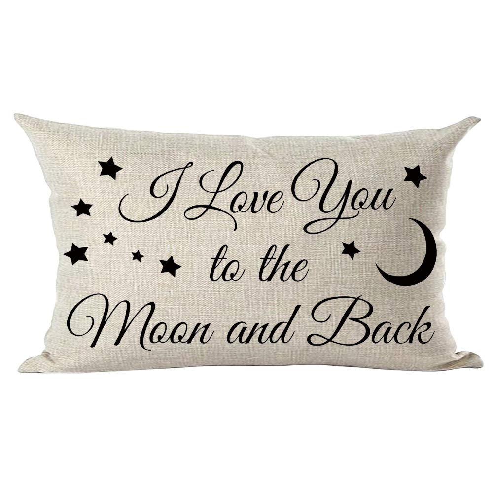 Ramirar Black Word Quote I Love You to The Moon and Back Stars Inspirational Decorative Lumbar Throw Pillow Cover Case Home Living Room Bed Sofa Car Cotton Linen Rectangular 12 x 20 Inches