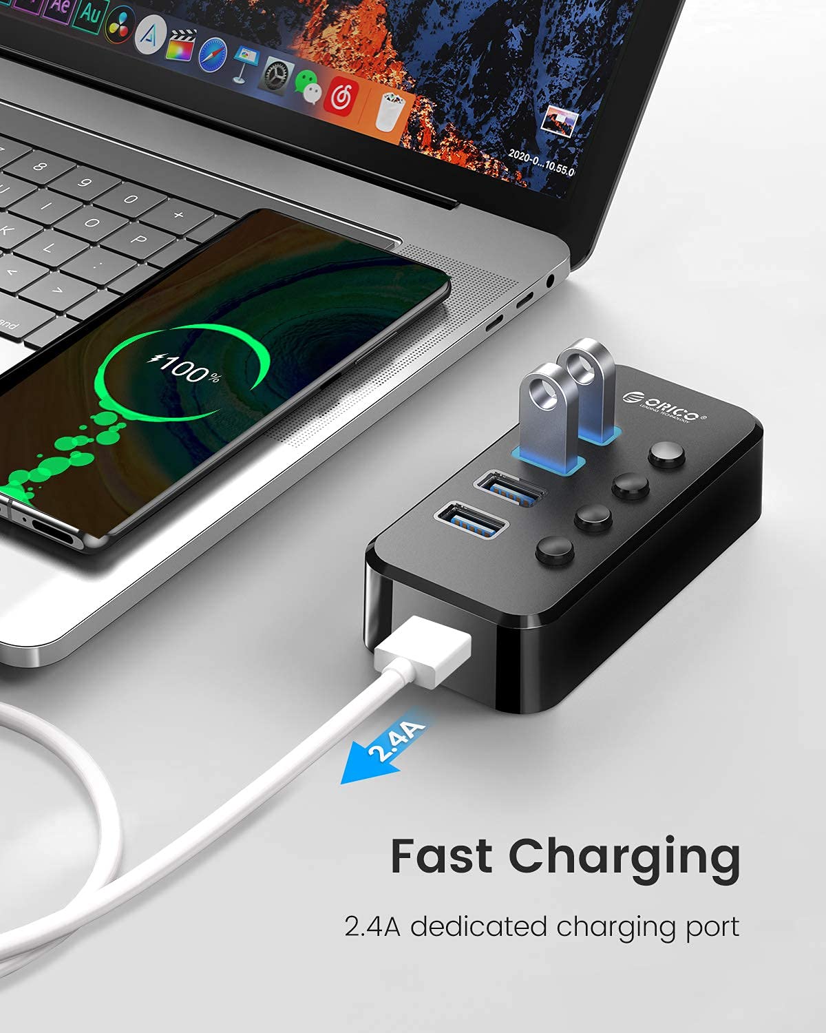 USB Hub 3.0, ORICO 4 Ports USB Data Hub + 1 USB Smart Charging Port, 39.37 Inch USB Extension Cable, 12V/2A Power Adapter and Individual On/Off Switches for PC, HDD, PS4 and More